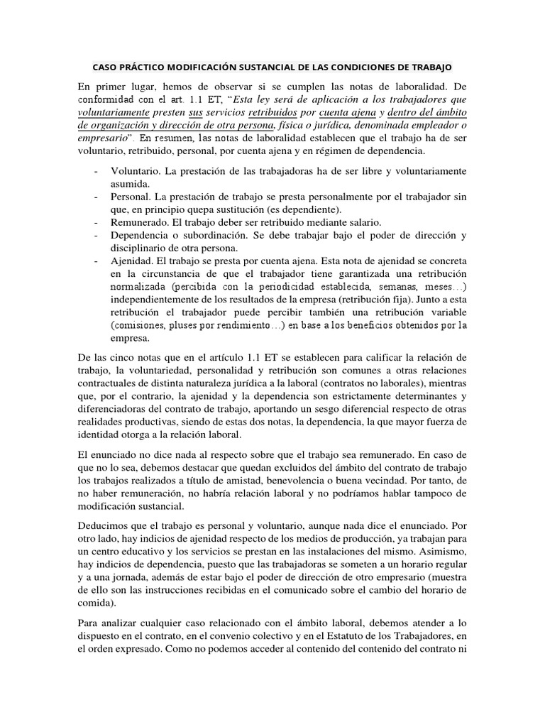 Caso Práctico Modificación Sustancial de Las Condiciones de Trabajo ...