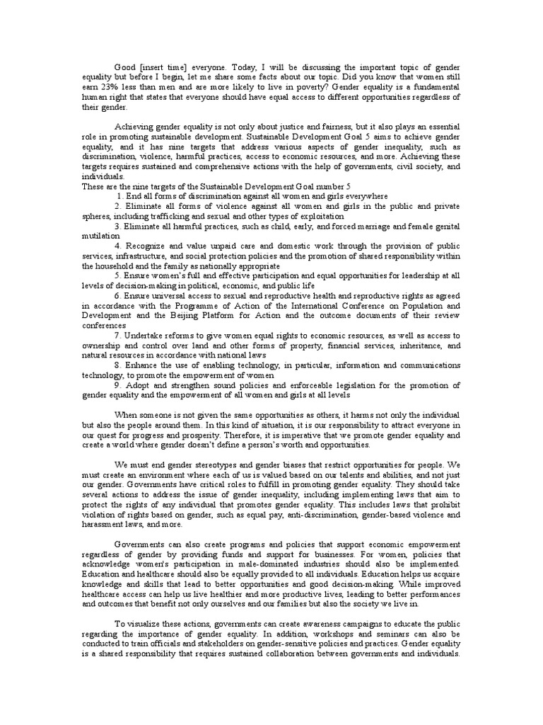 Advocacy Script For Gender Equality | PDF | Gender Equality | Gender ...