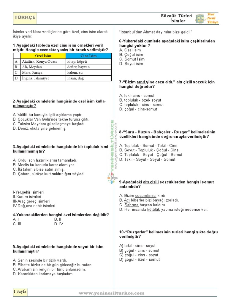 9.sinif Turkce Isimler Test Sorulari Ve Cevaplari | PDF