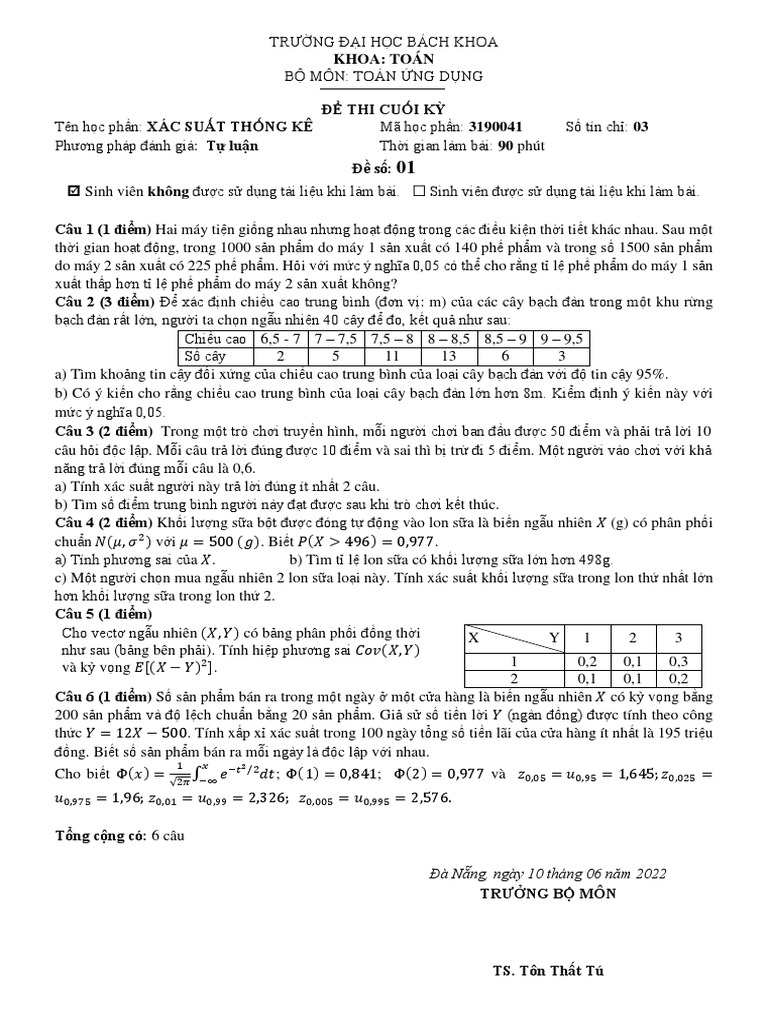 XSTK-De-thi-ky 2 Nam 21-22 | PDF
