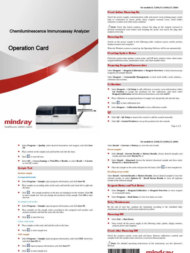 CL-1200i (1000P) &2600i&2800i - Operation Card - V1.0 - EN | PDF | Calibration | Immunoassay