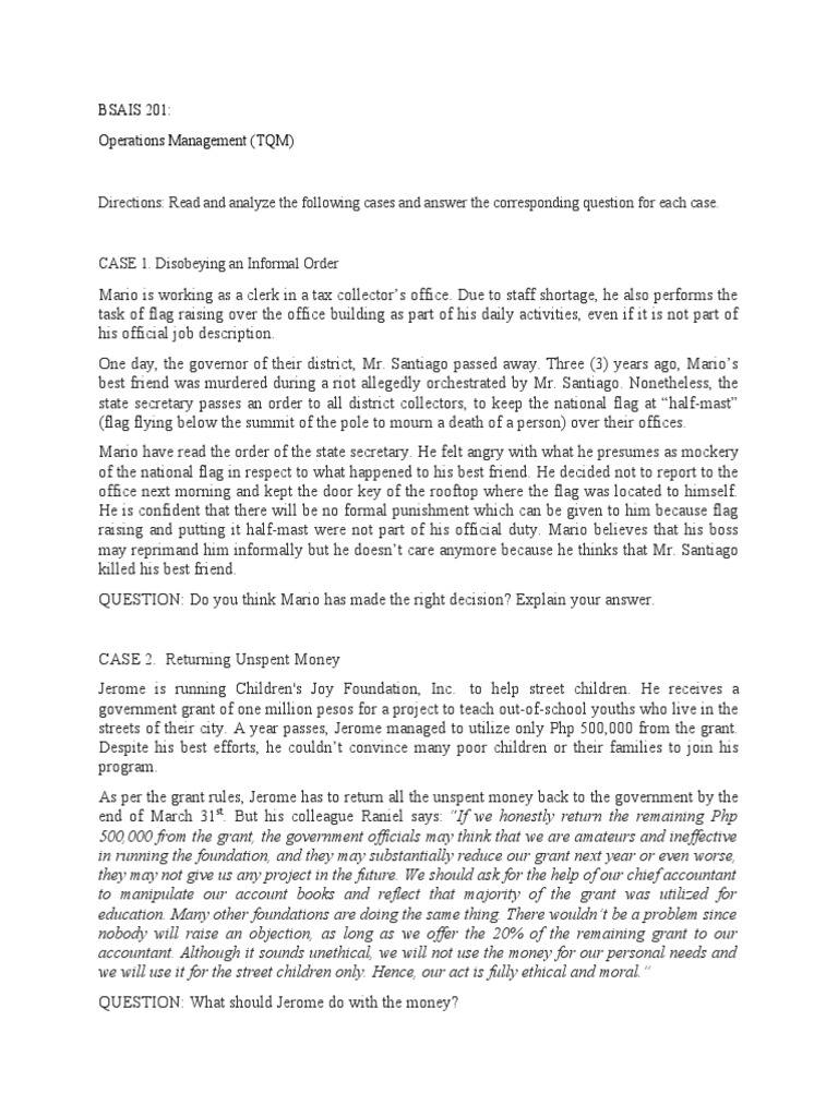 Directions: Read and Analyze The Following Cases and Answer The Corresponding Question For Each ...