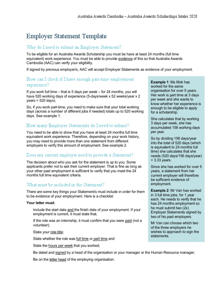 Employer Statement Template Intake 2020 Final 2 | PDF | Employment