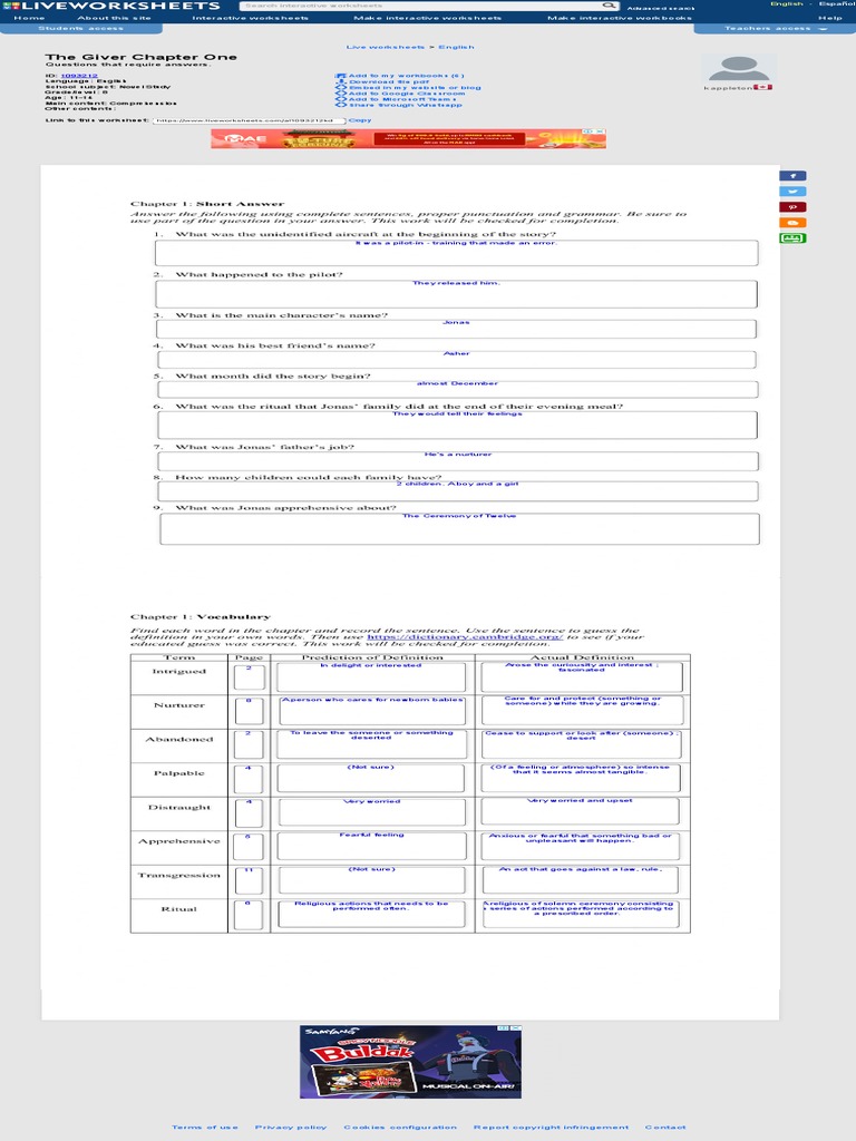 The Giver Chapter One Worksheet | PDF | The Giver | Worksheet