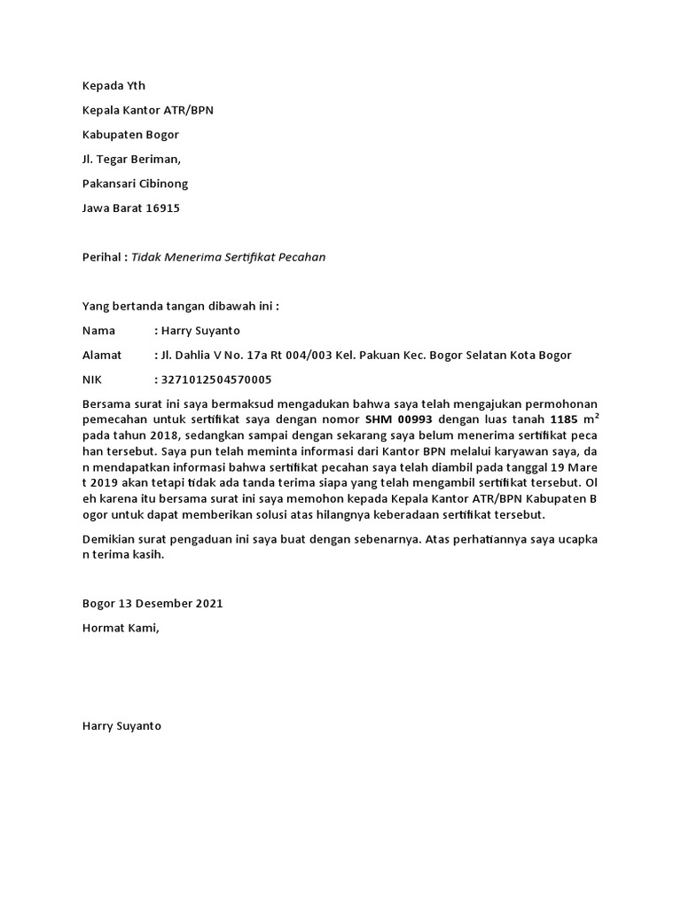 Surat Pengaduan BPN | PDF