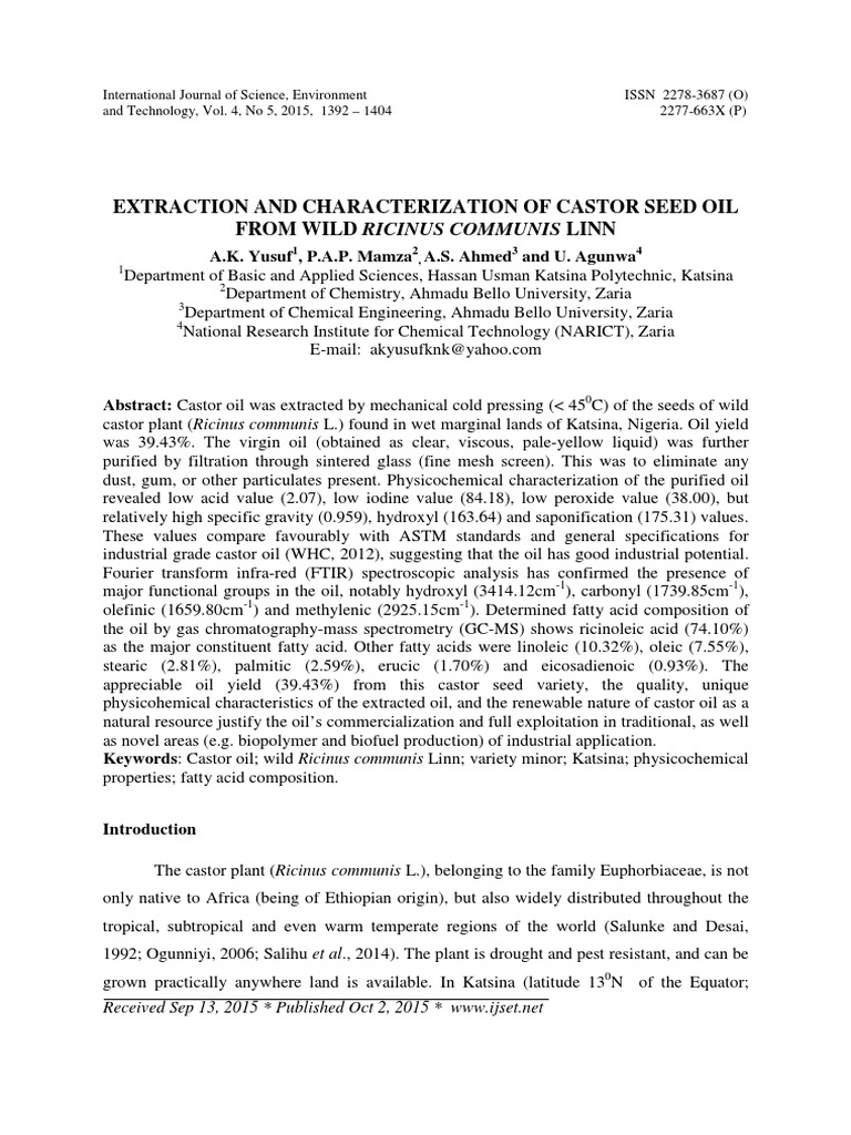 Extraction and Characterization of Castor Seed Oil From Wild Ricinus ...