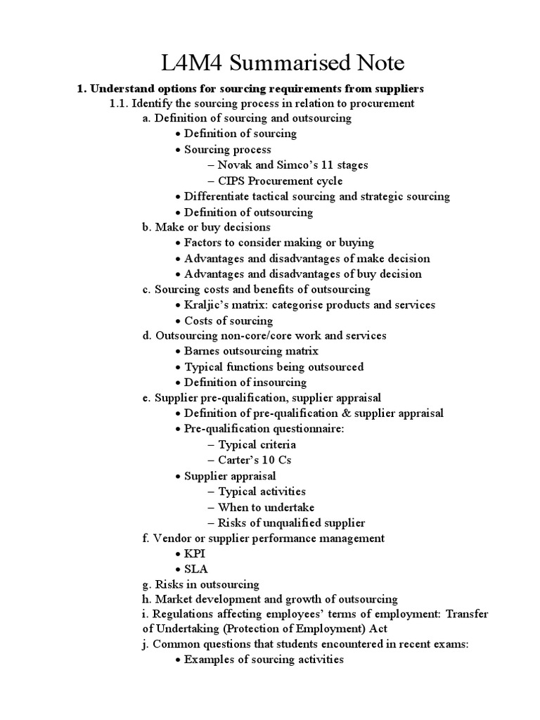 L4M4 Summarised Note | PDF | Procurement | Outsourcing
