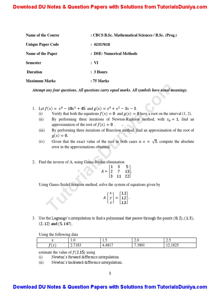 Numerical Methods Exam Paper Guide | PDF | Finite Difference | Numerical Analysis