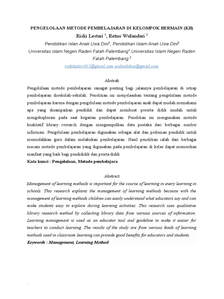 Pengelolaan Metode Pembelajaran Di Kelompok Bermain (KB) | PDF