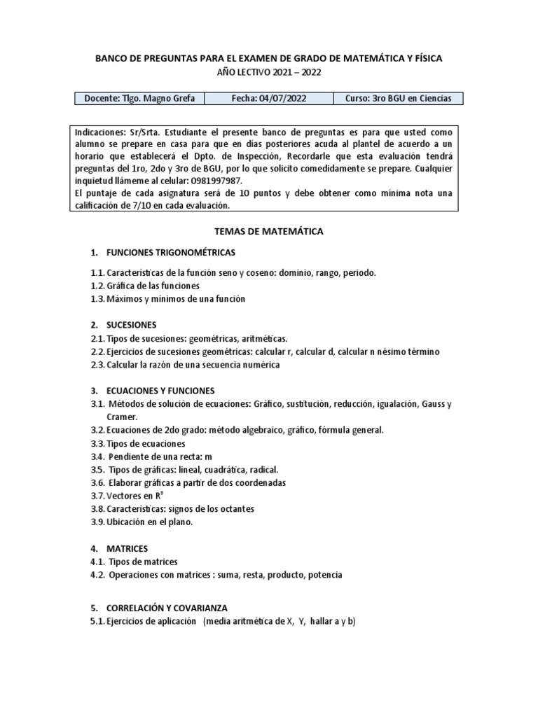 Banco de Preguntas para El Examen de Grado de Matemática y Física | PDF | Las leyes del ...