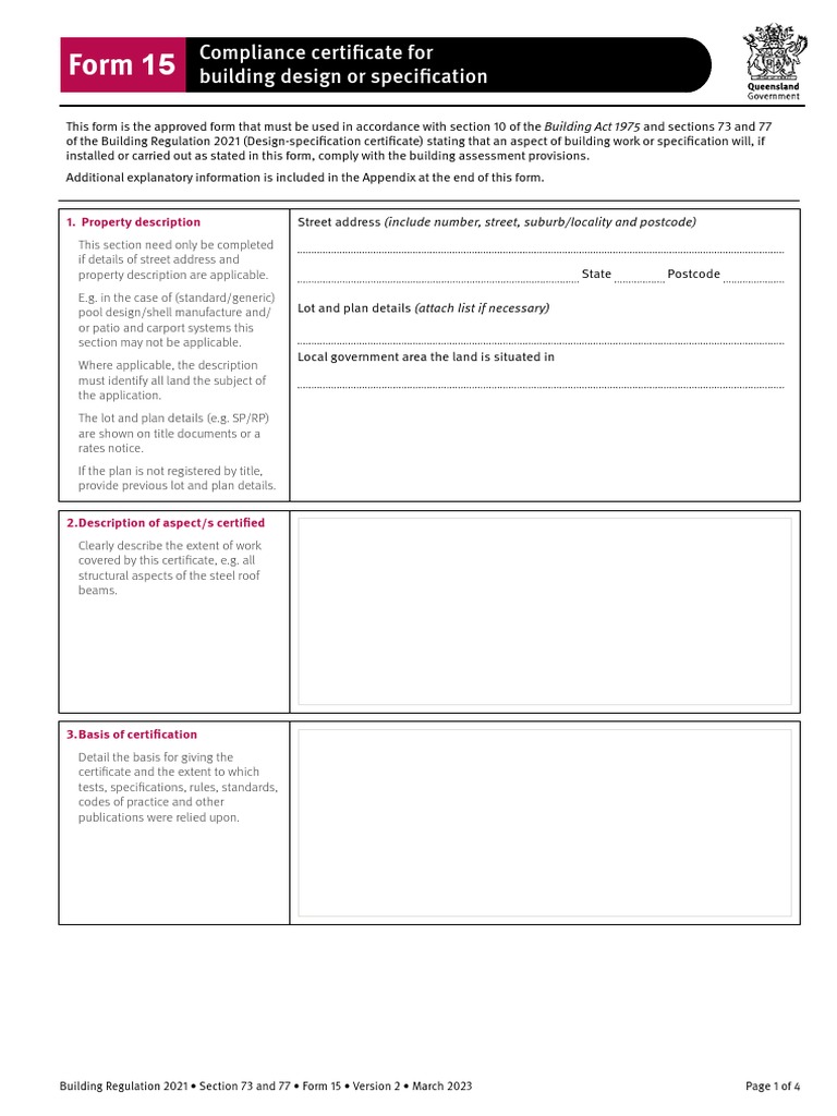 Form 15: Compliance Certificate For Building Design or Specification | PDF