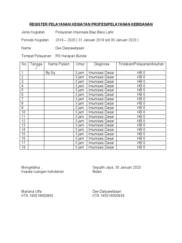 Register Pelayanan Kegiatan Profesi Imunisasi BBL | PDF
