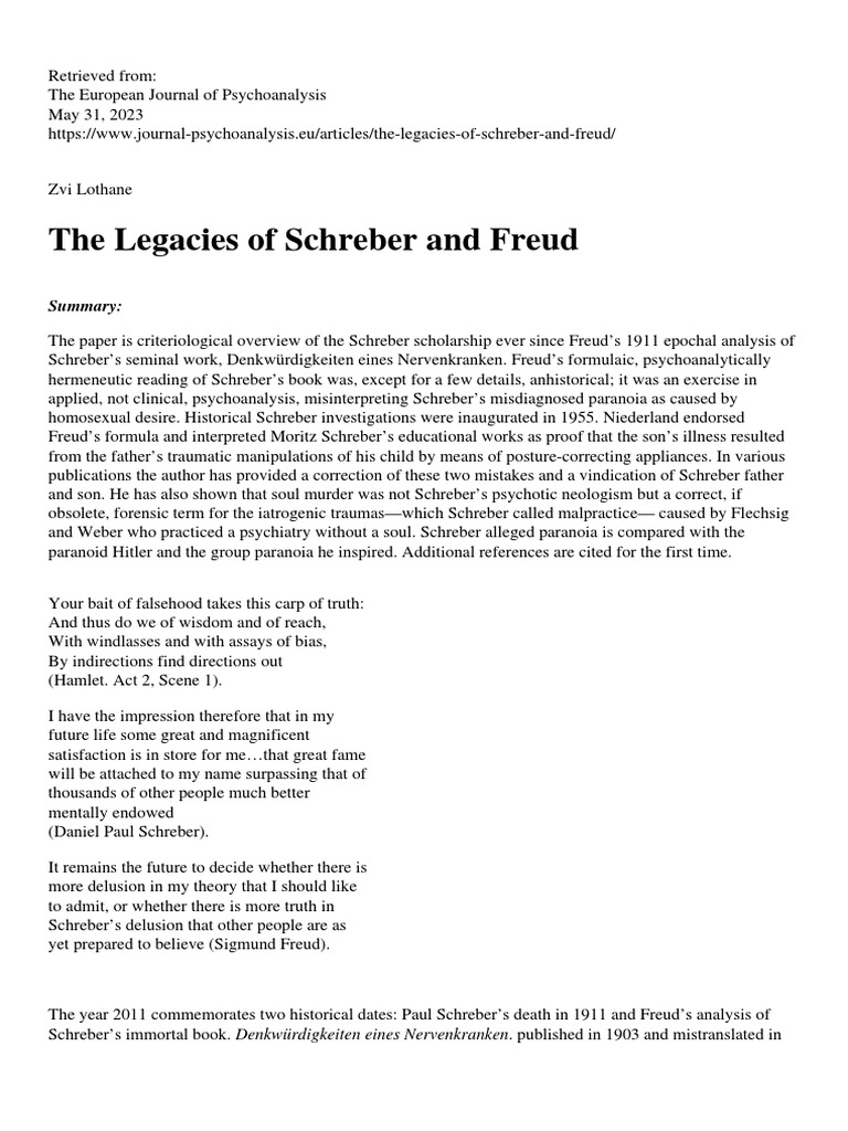 The Legacies of Schreber and Freud | PDF | Psychoanalysis | Sigmund Freud
