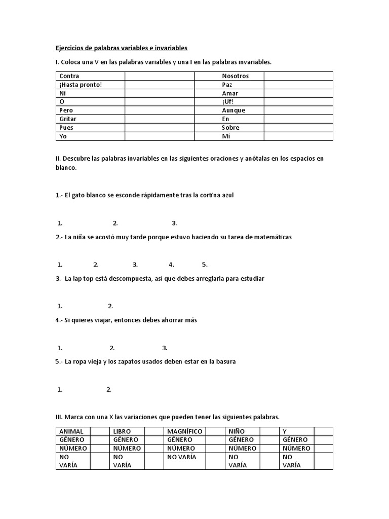 Ejercicios de palabras variables e invariables | PDF | Verbo | Parte ...