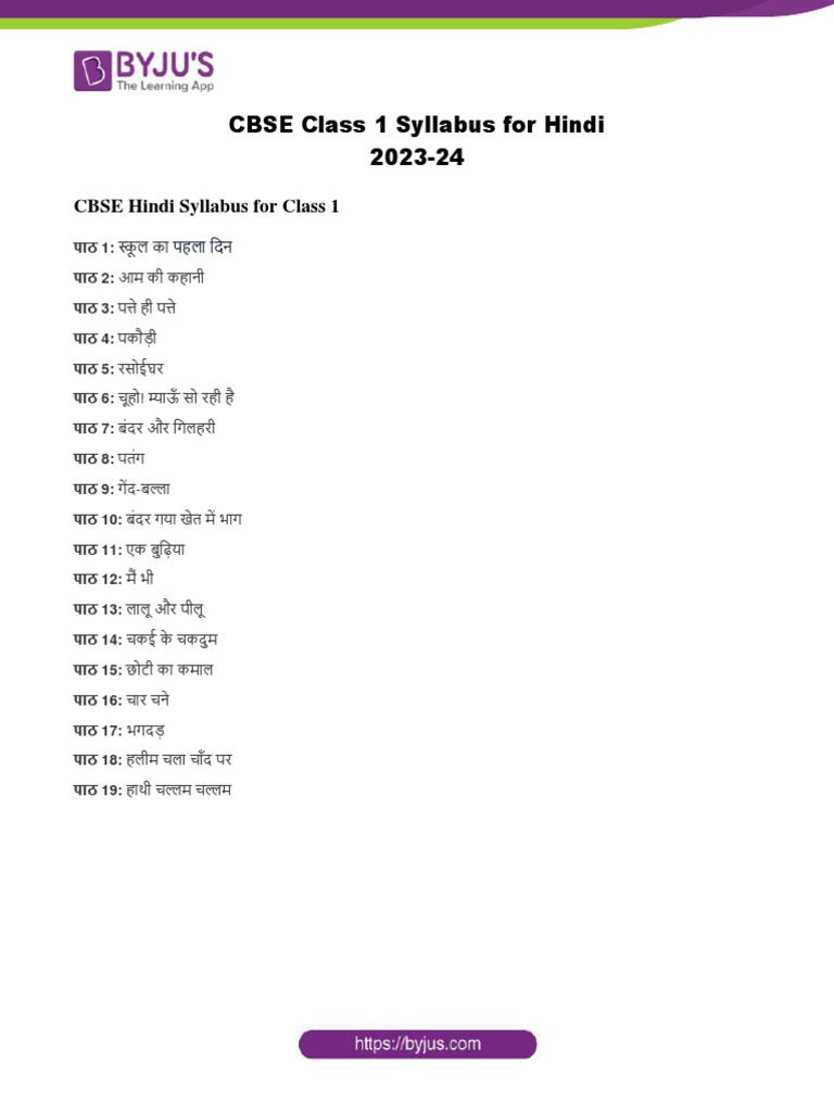 CBSE Syllabus For Class 1 Hindi 2023 24 | PDF