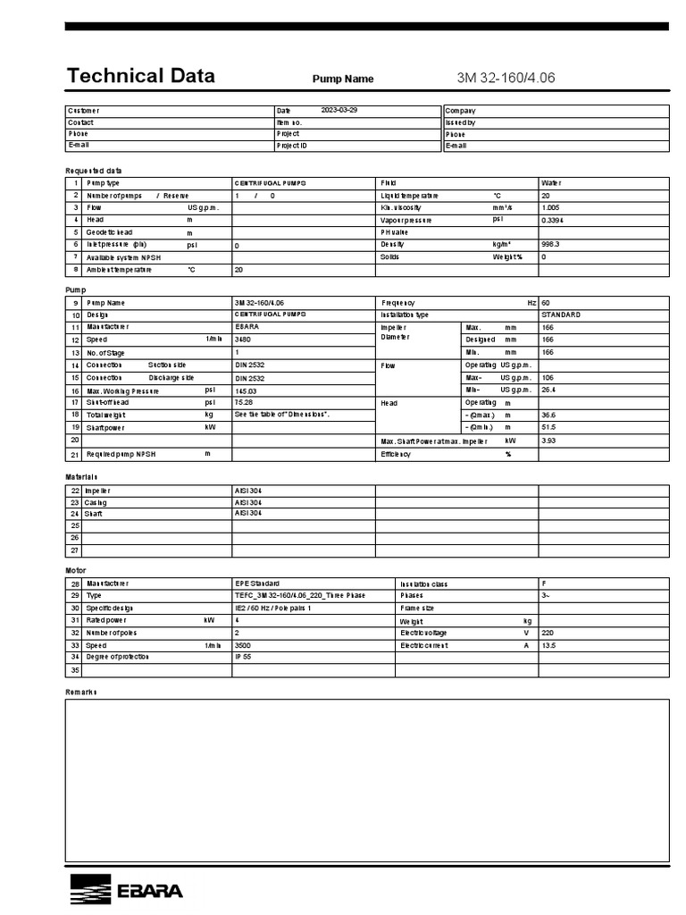 EBARA 3M 32-160 Pump Specifications | PDF | Pump | Physical Sciences