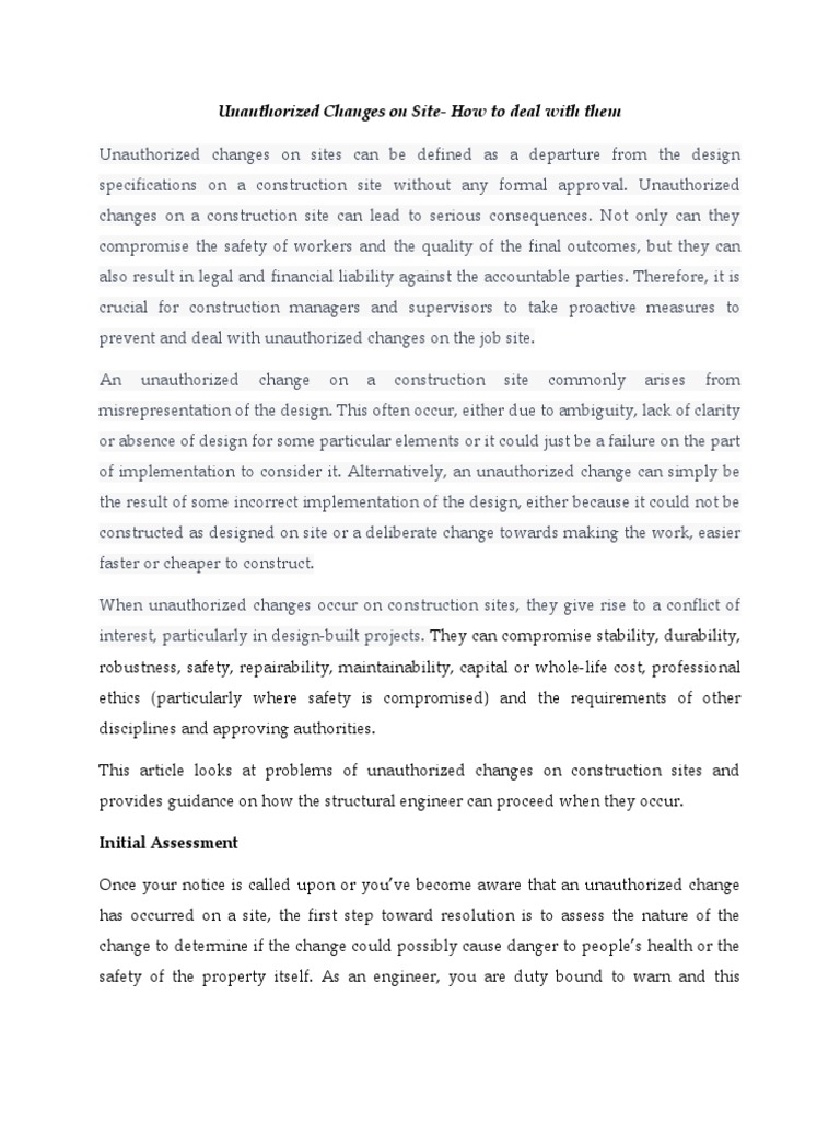 Unauthorized Changes On Site | PDF | Risk