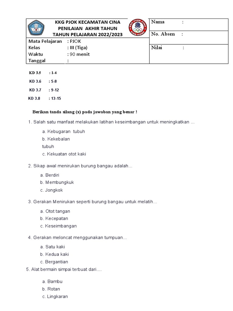 Soal Pat Pjok Kelas 3 2023 | PDF