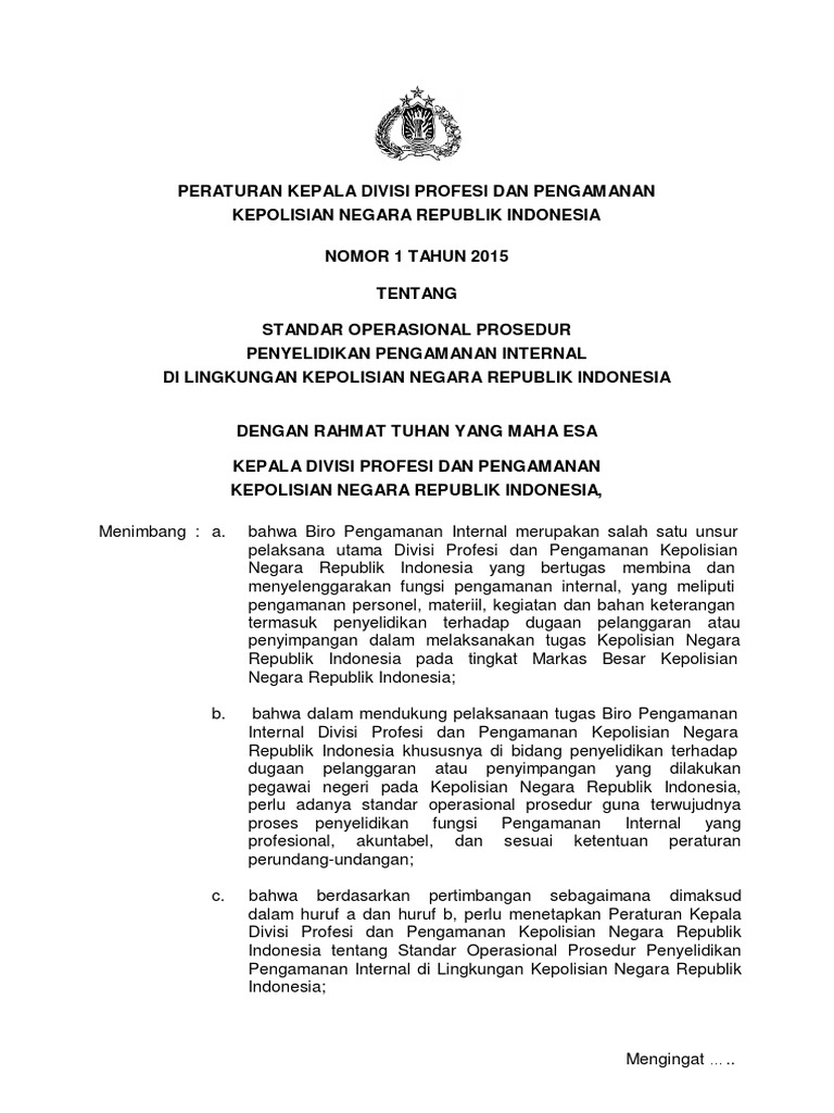 Perkadiv Nomor 1 Tahun 2015 (Sop Lidik Paminal) | PDF