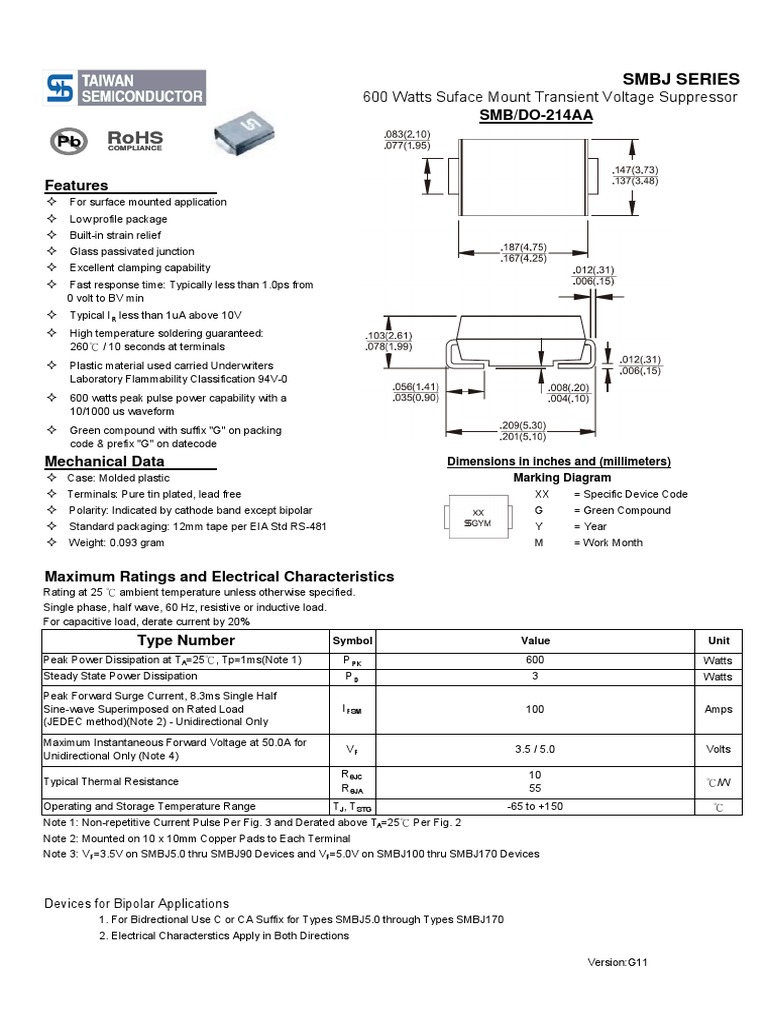 Taiwan Semi TVS SMBJ | PDF | Rectifier | Fuse (Electrical)