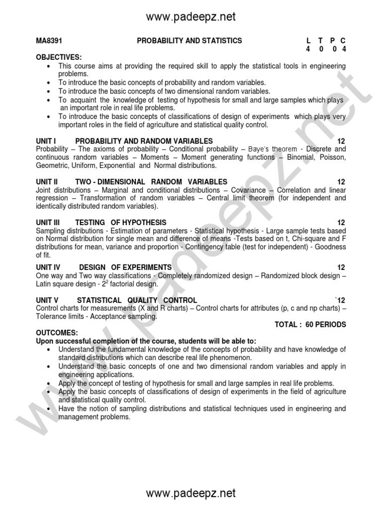 Ma8391 Syllabus | PDF | Probability Distribution | Statistics