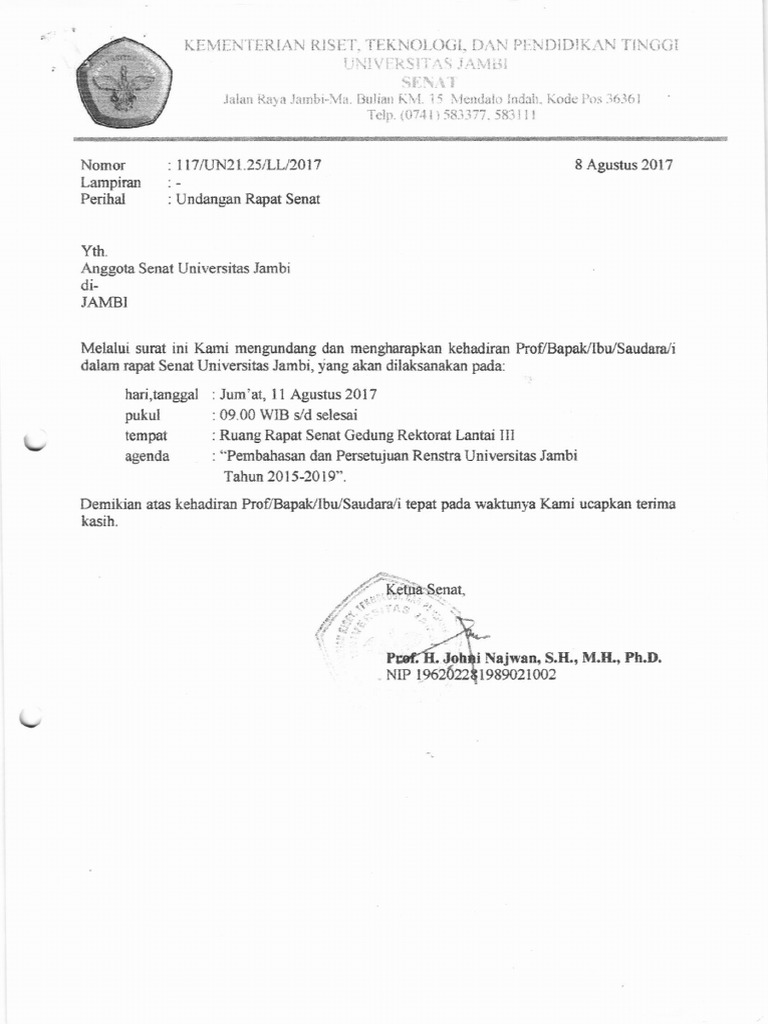 G.1.a.2 Surat Undangan Rapat Senat Tanggal 8 Agustus 2017 | PDF