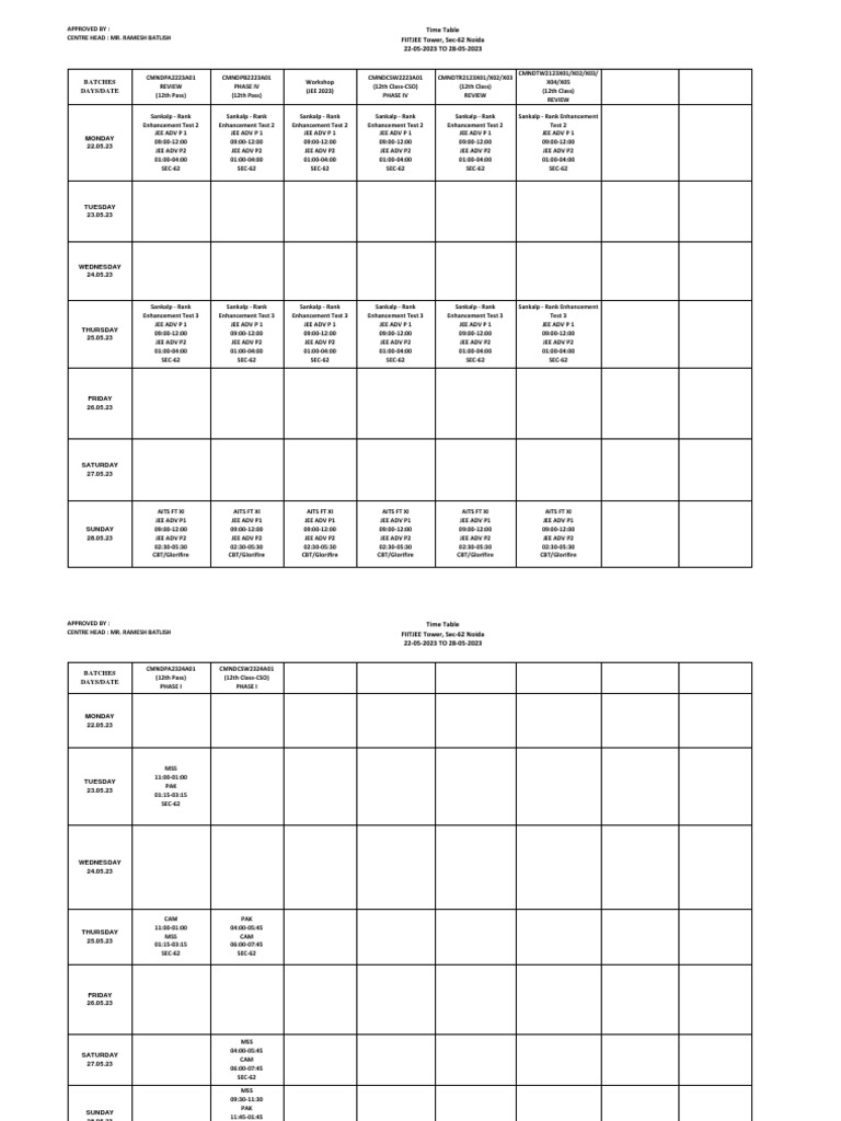 Click Here For Time Table of Fiitjee Tower, Sec-62, Noida | PDF