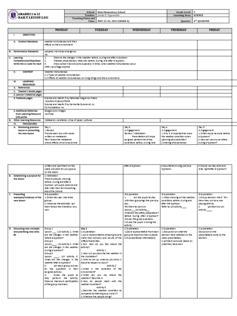Grade 5 Science Daily Lesson Plan | PDF | Learning | Tropical Cyclones