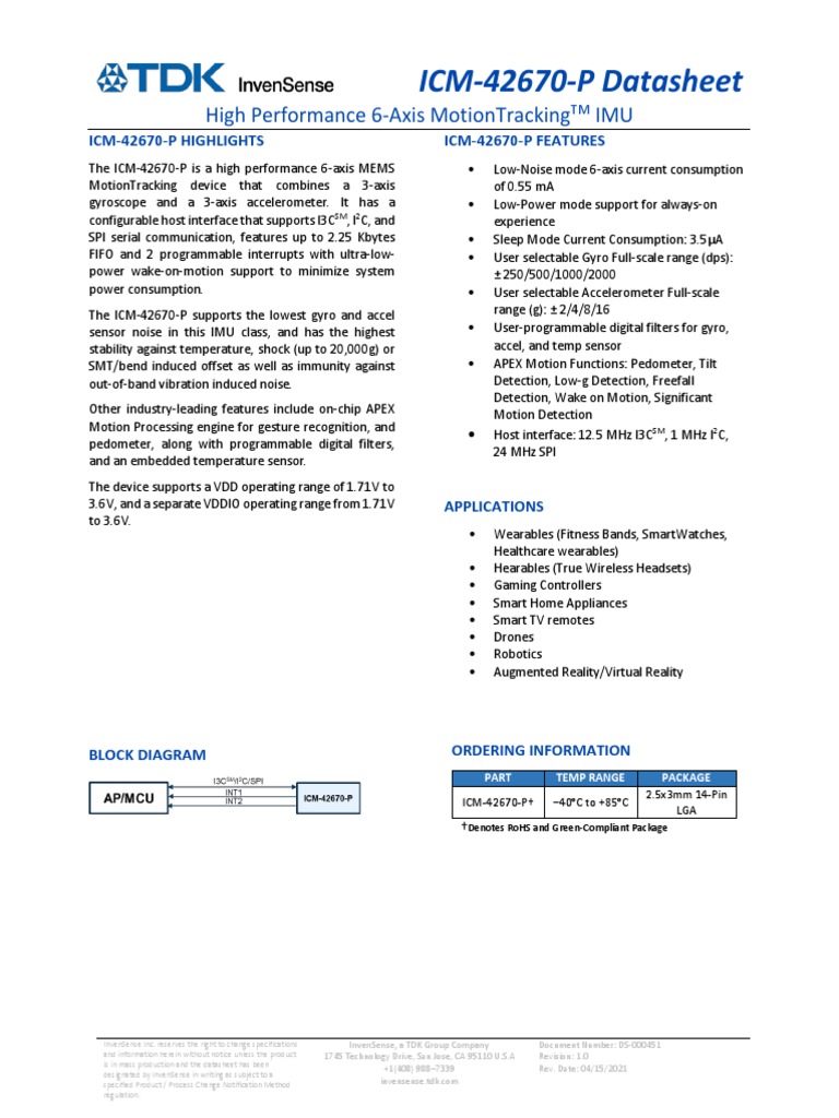 TDK Icm-42670-P | PDF | Accelerometer | Gyroscope