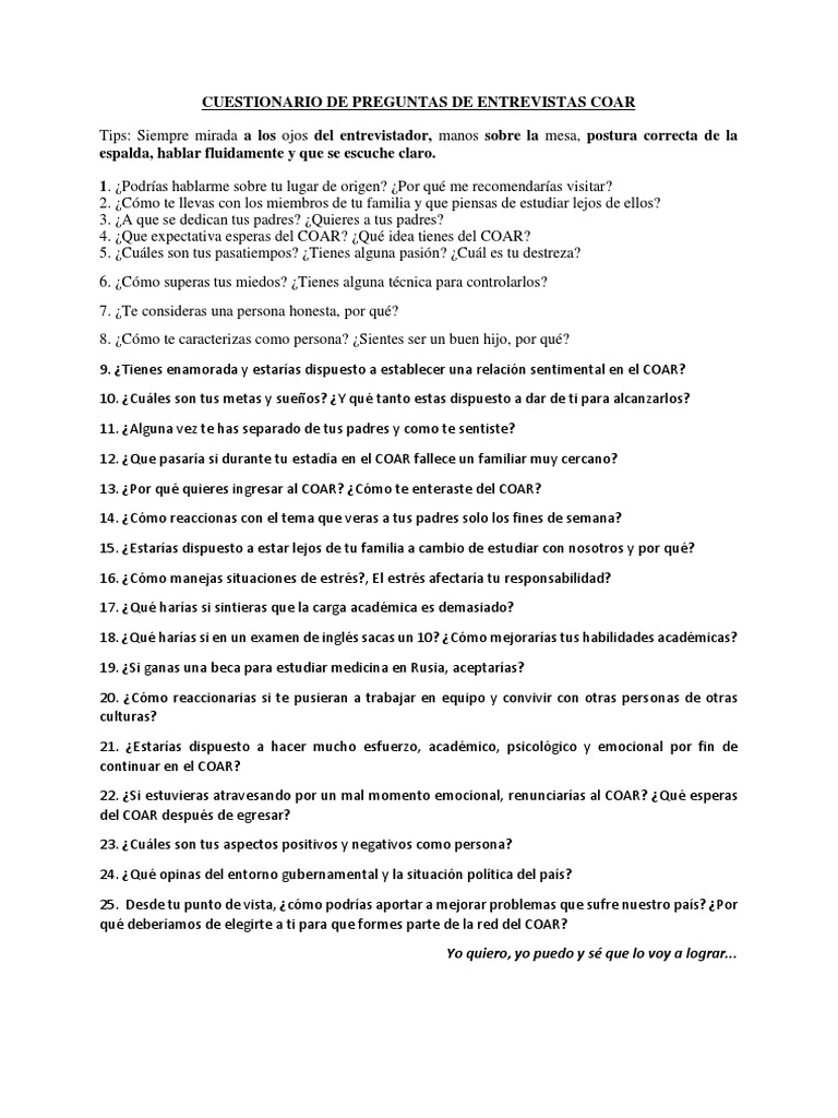 Preguntas Coar Entrevista 2023 | PDF