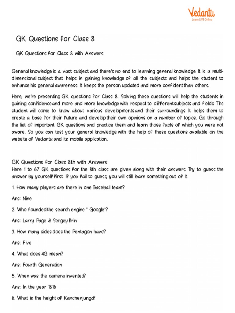 GK Questions For Class 8 | PDF