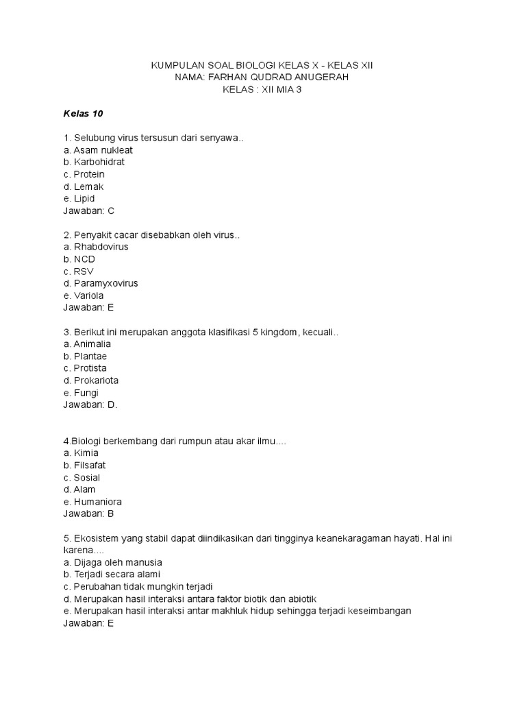 Soal Biologi Kelas X hingga XII | PDF