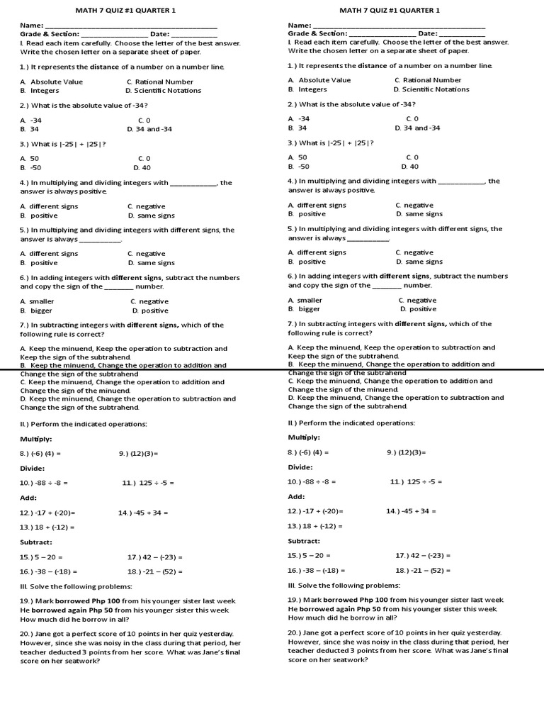 Math 7 Quiz | PDF | Subtraction | Numbers