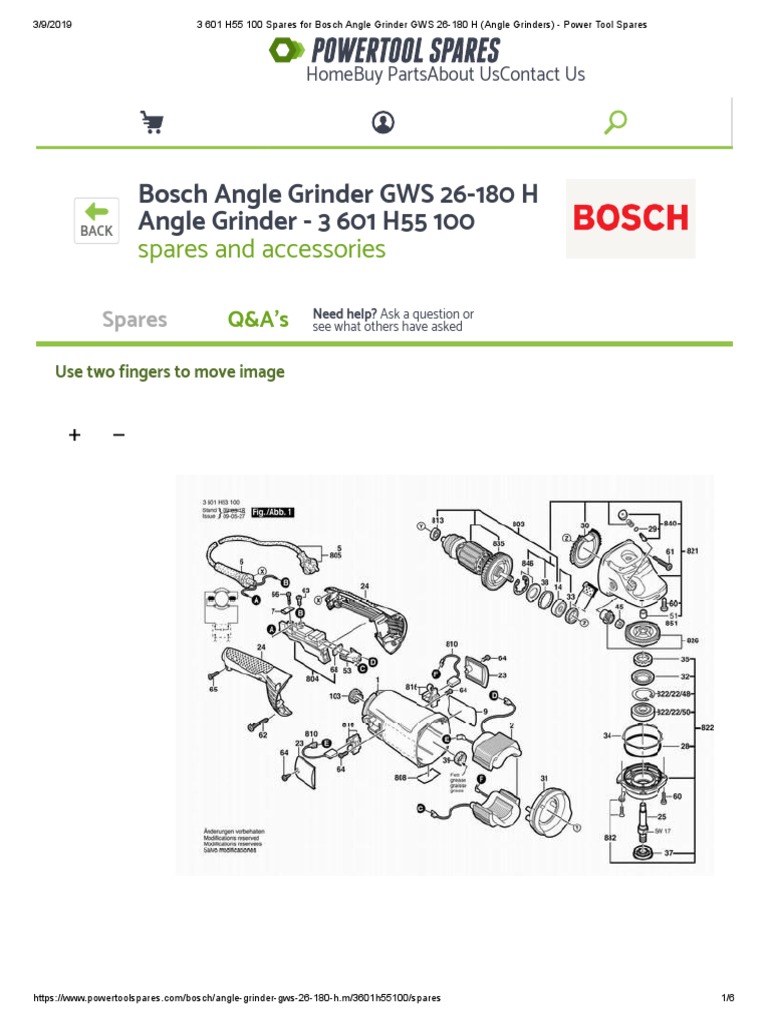3 601 H55 100 Spares For Bosch Angle Grinder GWS 26-180 H (Angle ...