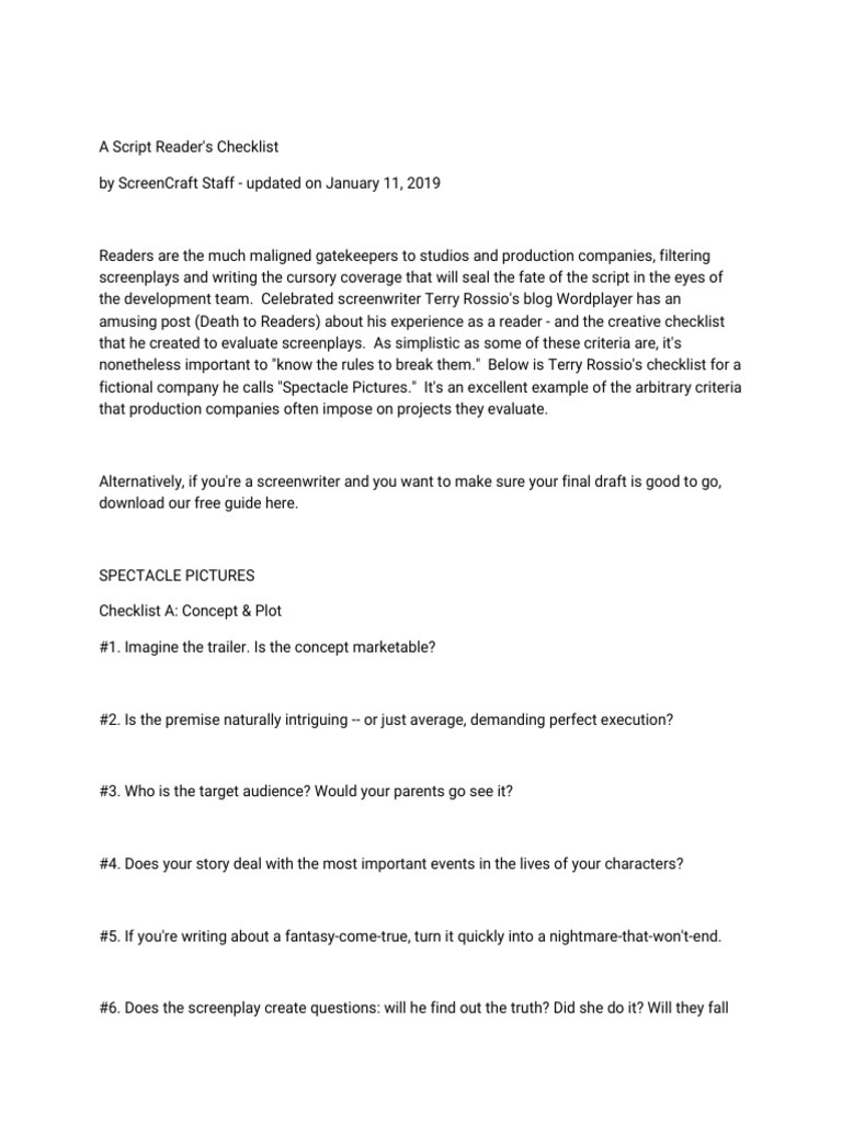 A Script Readers Checklist | PDF