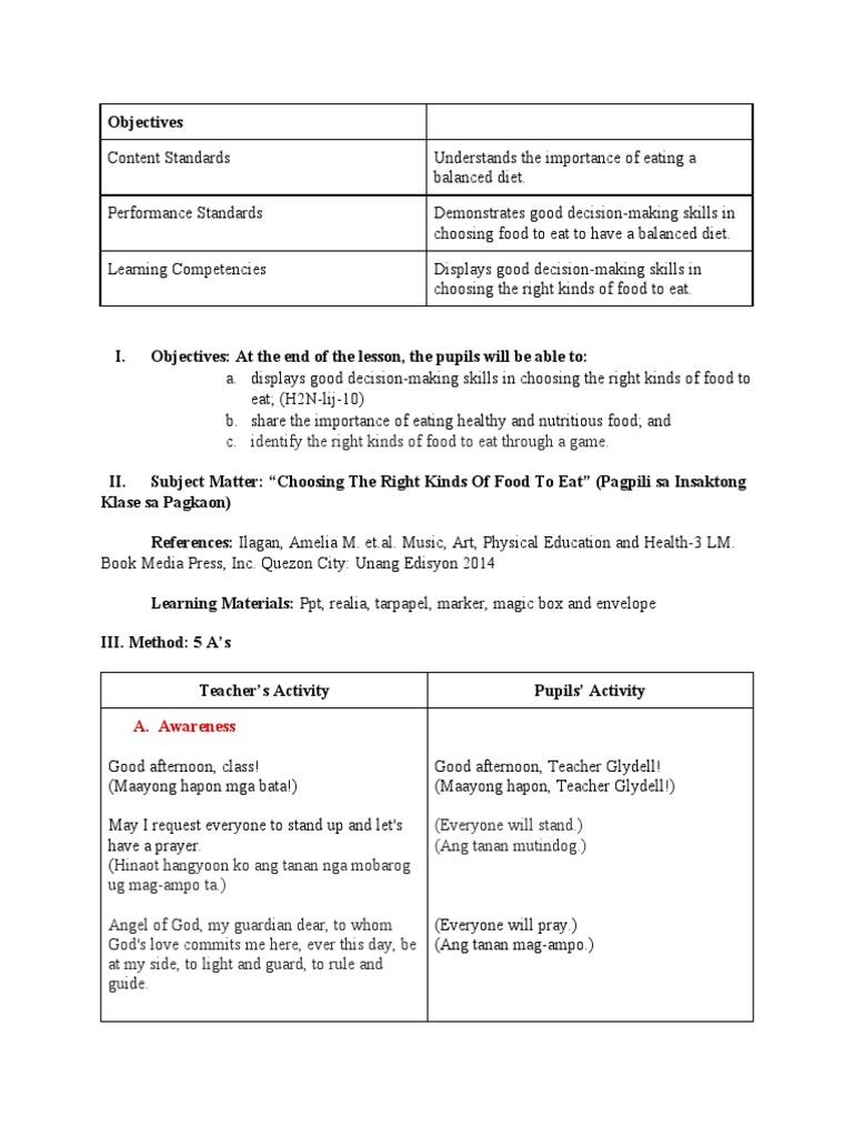 Health Lesson Plan Grade2 Rose 2 1 | PDF | Nutrition | Diet & Nutrition