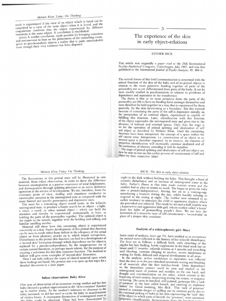 Blick E 1968 The Experience of The Skin in Early Object Relations | PDF ...
