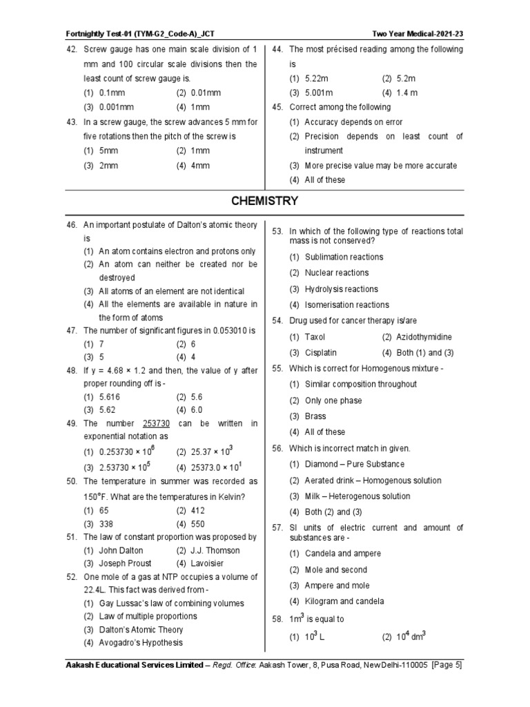 Chemistry Sample Paper 1 | PDF | Metrology | Physical Chemistry