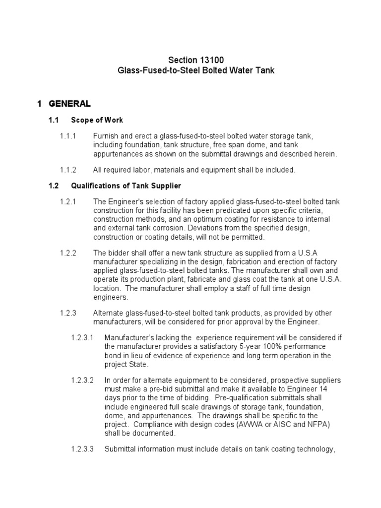 Aquastore Glass-Fused-To-Steel Tank Specifications (Revised) | PDF ...