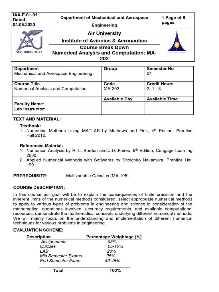 Air University Institute of Avionics & Aeronautics Course Break Down Numerical Analysis and ...