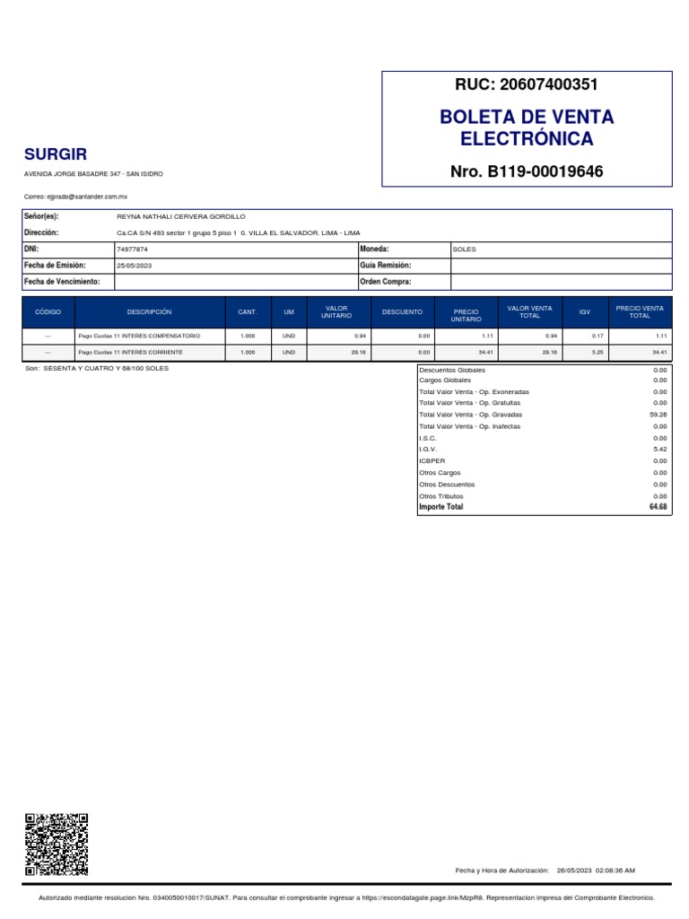 Boleta de Venta Electrónica: Surgir | PDF