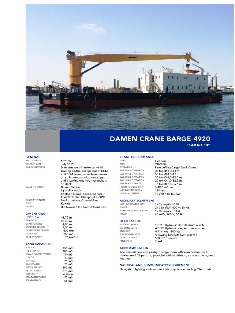 Damen Crane Barge "Sarah 10" Specs | PDF | Crane (Machine) | Shipping
