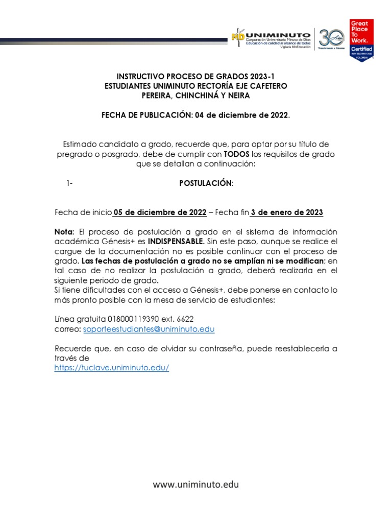 Instructivo Proceso de Grado Vrec 2023-1 | PDF | Educación más alta