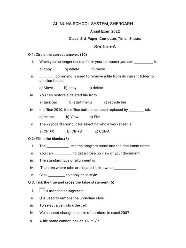 Grade 3 Computer Exam Paper 2022 | PDF