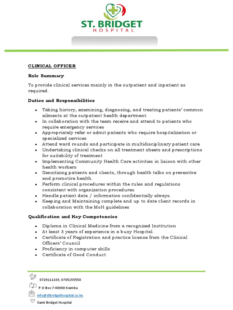 Clinical Officer Job Description at St. Bridget | PDF | Career & Growth ...