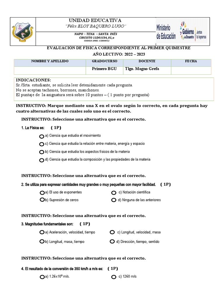 Eval 1er Quim Física 1ro Bgu 2022 | PDF | Física | Sistema Internacional de Unidades