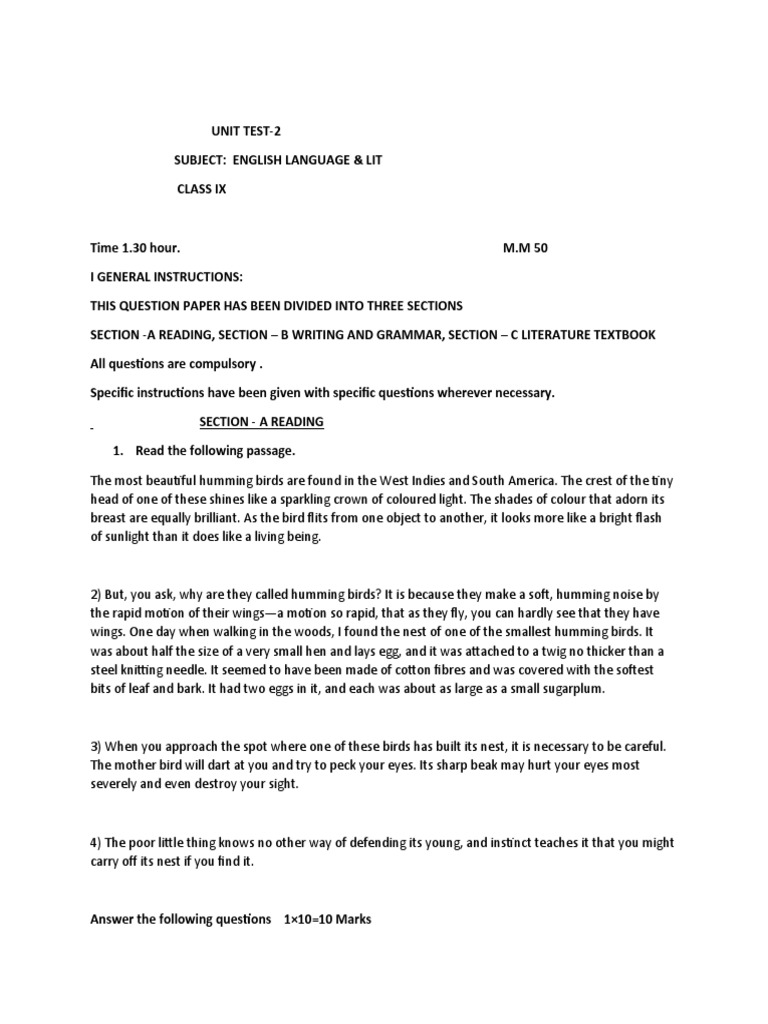 Class IX English Language Unit Test | PDF