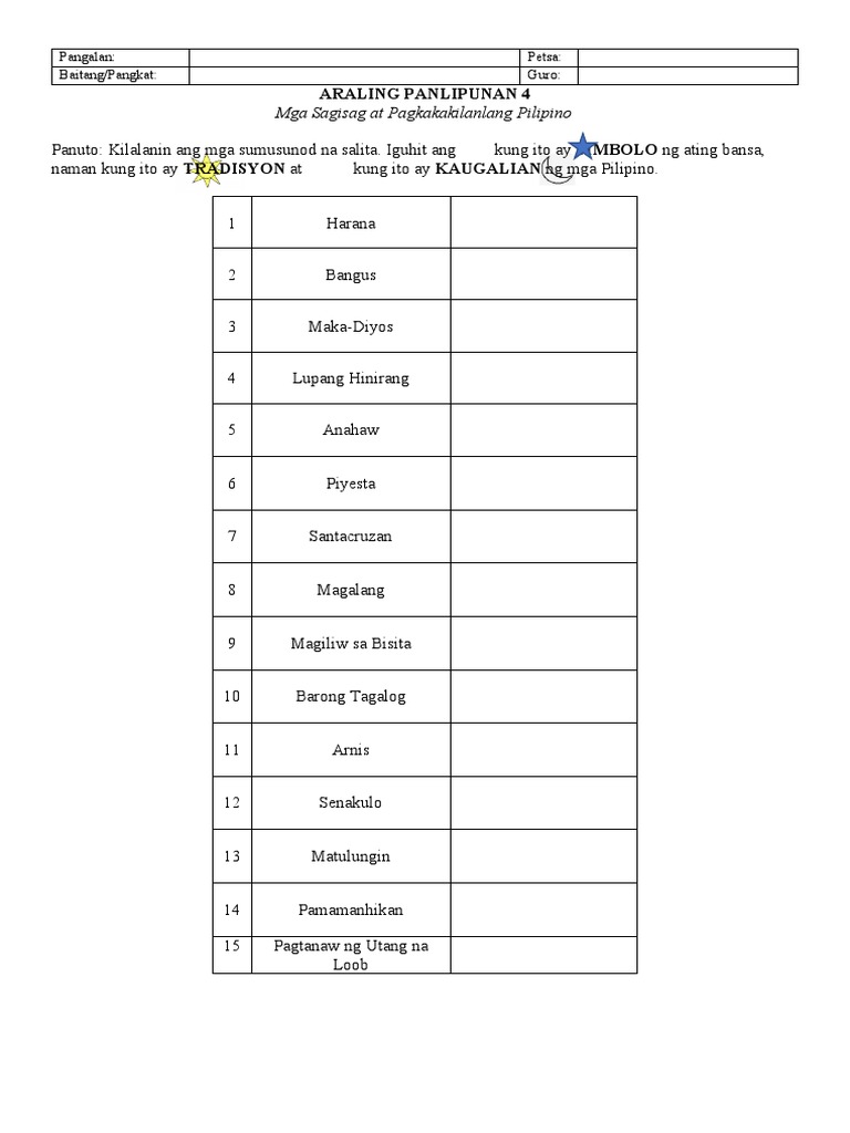 AP4 Sagisag at Pagkakakilanlang Pilipino Worksheet | PDF