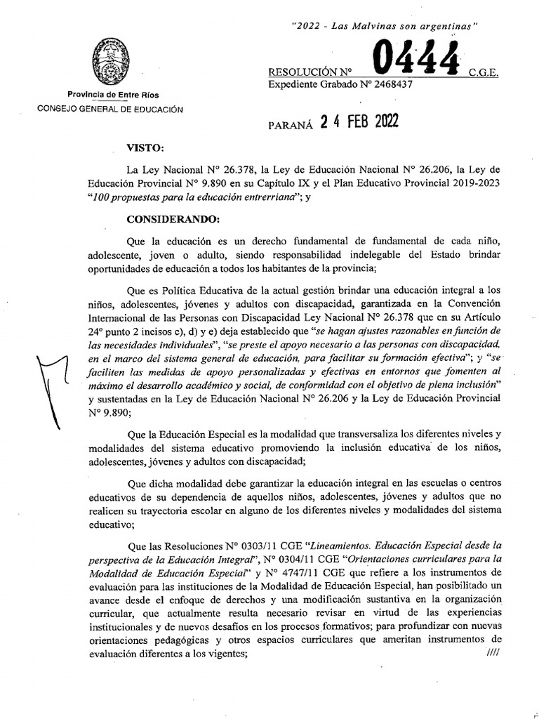 Resolucion 0444-22 Cge | PDF | Plan de estudios | Invalidez