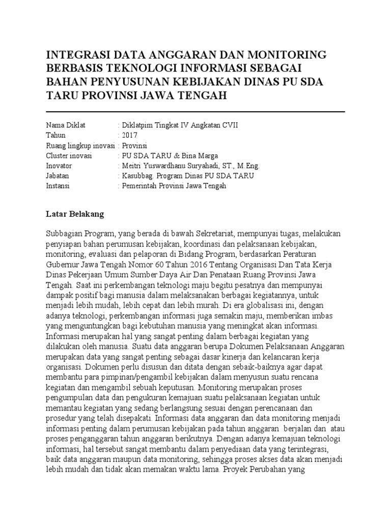 Integrasi Data Anggaran Dan Monitoring Berbasis Teknologi Informasi Sebagai Bahan Penyusunan ...